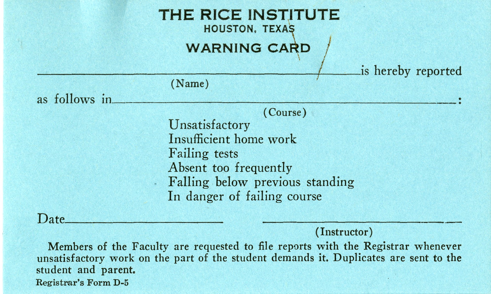 Warning Card, 1935 | Rice History Corner