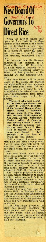 “a broadened view and wider representation,” 1949 | Rice History Corner