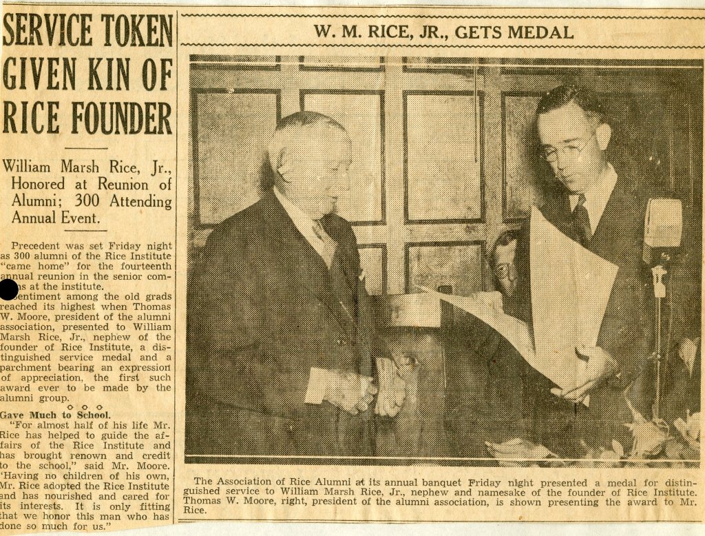 “the first such award ever to be made,” 1937 | Rice History Corner